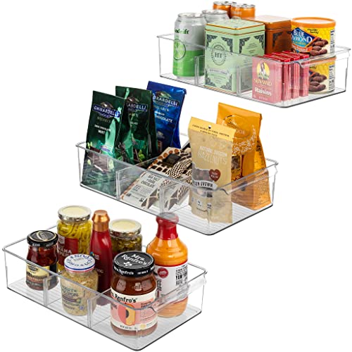 Sorbus 3 Pack Snack Organizer Bins w/Lids & 4 Removable Dividers, Clear Plastic Food Packet Organizer, Multi-Use Stackable Pantry Organization, Kitchen Storage, Fridge Bins, Sturdy Cabinet Organizers