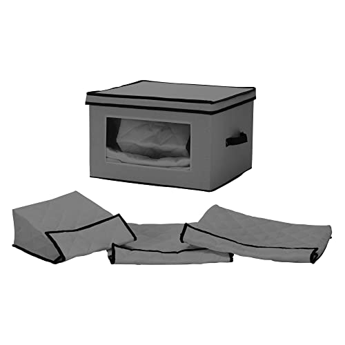 Household Essentials Large Serveware Storage Box, Polyester Canvas with Fiberboard Sides, 3 Protective Pouches, Foldable and Stackable, Fully Removable Lid, Gray