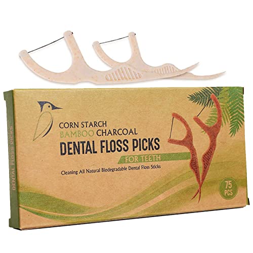 Organic Dental Floss Picks - Natural Biodegradable Floss Sticks with Strong Bamboo Charcoal Thread & Vegan Corn Starch Handle - No Plastics & No Artificial Flavours - Eco-Friendly Kids Flossers