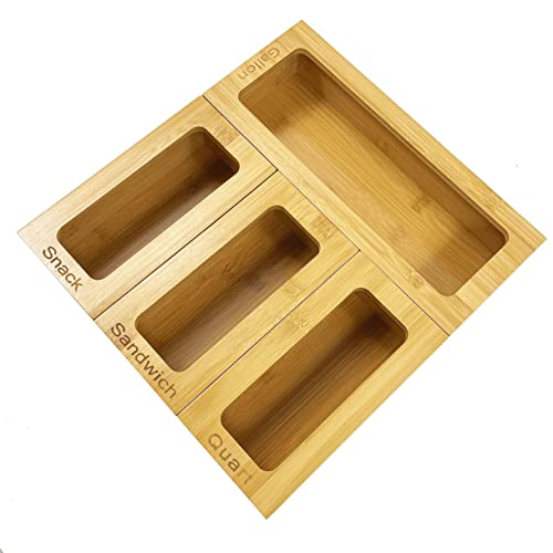 THE CNC STORE Ziplock Bag Storage Organizer| Bamboo Ziploc Bag Organizer for Kitchen Drawer| Food Baggie Holder Suitable for Gallon, Quart, Sandwich and Snack Variety Size Bags- Pack of 4