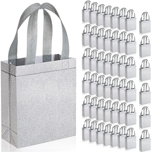 Woanger 48 Pack Christmas Reusable Gift Bags Metallic Tote with Handles Glitter Gift Bags Bling Non Woven Bags for Wedding Birthday Bridesmaid (Silver, 6.5 x 3.1 x 7.8 Inch)