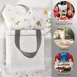 Woanger 48 Pack Christmas Reusable Gift Bags Metallic Tote with Handles Glitter Gift Bags Bling Non Woven Bags for Wedding Birthday Bridesmaid (Silver, 6.5 x 3.1 x 7.8 Inch)