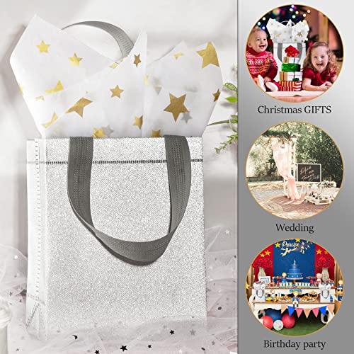 Woanger 48 Pack Christmas Reusable Gift Bags Metallic Tote with Handles Glitter Gift Bags Bling Non Woven Bags for Wedding Birthday Bridesmaid (Silver, 6.5 x 3.1 x 7.8 Inch)