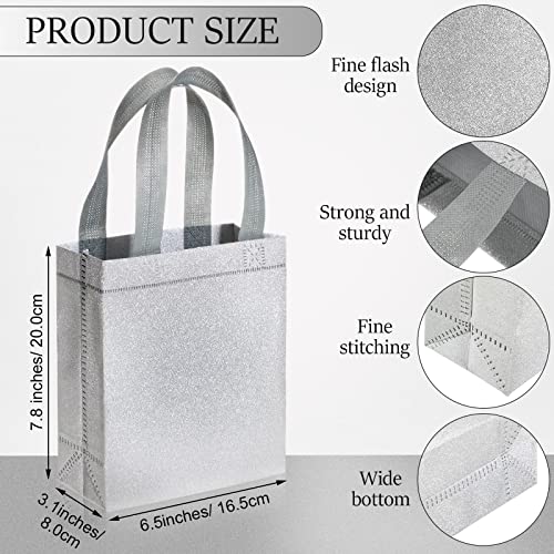 Woanger 48 Pack Christmas Reusable Gift Bags Metallic Tote with Handles Glitter Gift Bags Bling Non Woven Bags for Wedding Birthday Bridesmaid (Silver, 6.5 x 3.1 x 7.8 Inch)