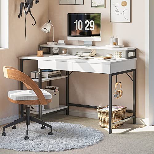 CubiCubi Computer Desk with Monitor Stand, 47 inch Home Office Study Writing Table with Drawers and Storage Shelves for Small Spaces, White