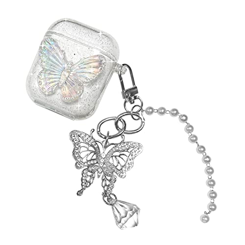 Newseego Compatible with Airpods 1&2 Case, [Cute 3D Clear Glitter Butterfly Design] Smooth Soft TPU Cover with Lovely Lucky Crystal Keychain Shockproof Protective Headphones Case for Girls Women