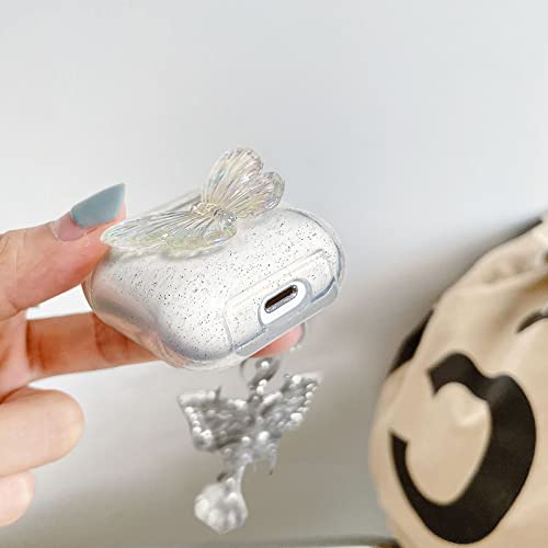 Newseego Compatible with Airpods 1&2 Case, [Cute 3D Clear Glitter Butterfly Design] Smooth Soft TPU Cover with Lovely Lucky Crystal Keychain Shockproof Protective Headphones Case for Girls Women