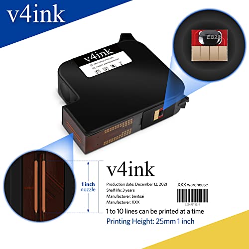 v4ink Original Solvent Fast Dry Ink Cartridge EB22B-L (1 Inch) Replacement BENTSAI B35 B85 Handheld Inkjet Printer (Black, 1-Pack)