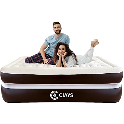 Ciays Air Mattress with Built-in Pump, 16" Elevated Blow Up Mattress with Carrying Bag for Home and Camping, Flocked Top Inflatable Air Bed for Guests, Family, Queen, Brown