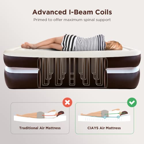 Ciays Air Mattress with Built-in Pump, 16" Elevated Blow Up Mattress with Carrying Bag for Home and Camping, Flocked Top Inflatable Air Bed for Guests, Family, Queen, Brown