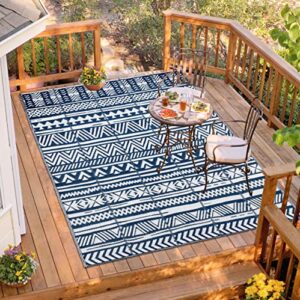 HiiARug 5'x8' Reversible Outdoor Rug, Plastic Straw Rugs, Large Floor Mat and Rug for RV, Patio, Backyard, Deck, Picnic, Beach, Trailer, Camping(Navy/White)