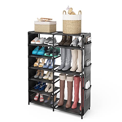 YAHAO 7 Tier Shoe Rack Organizer,Free Standing Shoe Racks, Metal Shoe Rack,Store 24-31 Pairs of Shoes and Boots With Side Hanging Shoe Pockets,Can Be Used for Entrance, Living Room And Bedroom