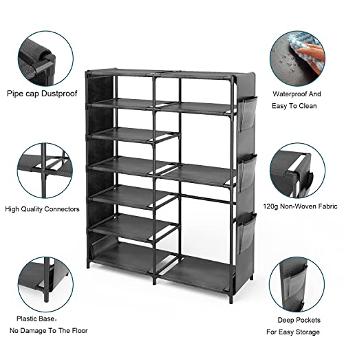 YAHAO 7 Tier Shoe Rack Organizer,Free Standing Shoe Racks, Metal Shoe Rack,Store 24-31 Pairs of Shoes and Boots With Side Hanging Shoe Pockets,Can Be Used for Entrance, Living Room And Bedroom