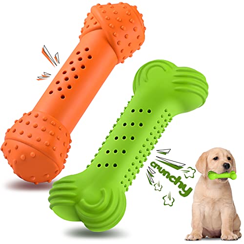 LUKITO Puppy Chew Toys, Durable Dog Bones Dog Chew Toys for Teething, Tough Puppy Teething Toys with Natural Rubber for Small and Medium Dog (Green+Orange)