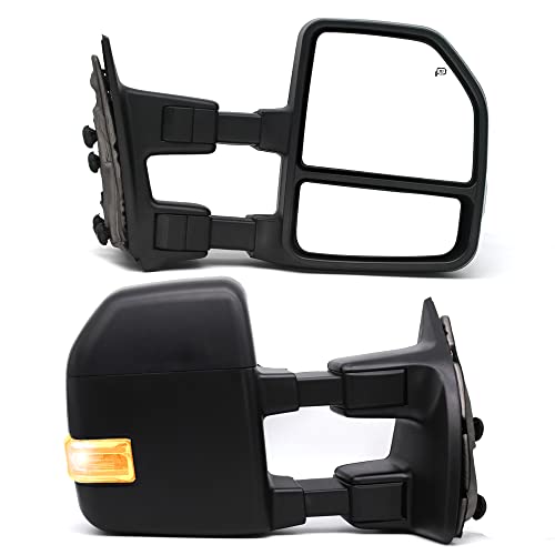 BOOLEE NEW Towing Mirrors fit for 1999-2016 Ford Super Duty F250 F350 F450 F550 Pickup Side Tow Mirrors Heated Power Glass Adjustment Turn Signal LED Auxiliary Light Black Cap Pickup Truck