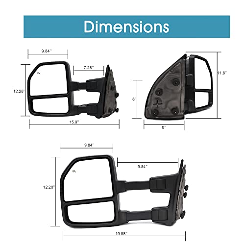 BOOLEE NEW Towing Mirrors fit for 1999-2016 Ford Super Duty F250 F350 F450 F550 Pickup Side Tow Mirrors Heated Power Glass Adjustment Turn Signal LED Auxiliary Light Black Cap Pickup Truck