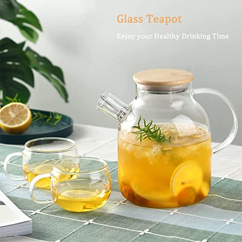 SITIEPA Glass Tea Pot Kettles Stovetop Safe, 60.8oz/1800mL Heatproof Borosilicate Glass Teapot Water Pitcher With Bamboo Lid and Removable Filter Spout for Loose Leaf and Blooming Tea