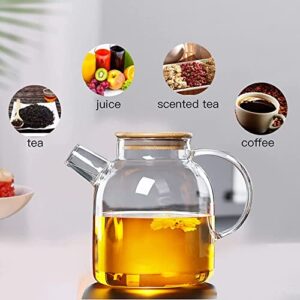 SITIEPA Glass Tea Pot Kettles Stovetop Safe, 60.8oz/1800mL Heatproof Borosilicate Glass Teapot Water Pitcher With Bamboo Lid and Removable Filter Spout for Loose Leaf and Blooming Tea