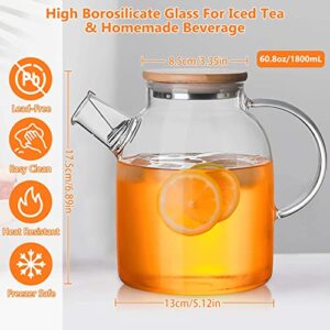 SITIEPA Glass Tea Pot Kettles Stovetop Safe, 60.8oz/1800mL Heatproof Borosilicate Glass Teapot Water Pitcher With Bamboo Lid and Removable Filter Spout for Loose Leaf and Blooming Tea