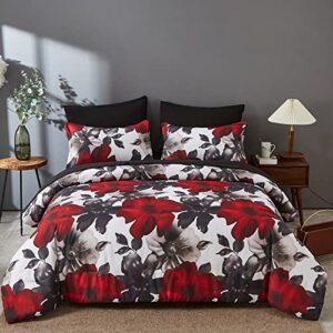 zeimon 7 piece bed in a bag queen floral comforter set, black and red botanical flowers leaves comforter and sheet set, soft lightweight microfiber bedding sets for all season(black,queen)