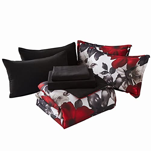 ZEIMON 7 Piece Bed in A Bag Queen Floral Comforter Set, Black and Red Botanical Flowers Leaves Comforter and Sheet Set, Soft Lightweight Microfiber Bedding Sets for All Season(Black,Queen)