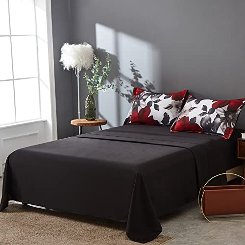 ZEIMON 7 Piece Bed in A Bag Queen Floral Comforter Set, Black and Red Botanical Flowers Leaves Comforter and Sheet Set, Soft Lightweight Microfiber Bedding Sets for All Season(Black,Queen)