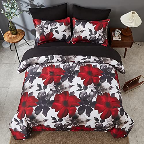 ZEIMON 7 Piece Bed in A Bag Queen Floral Comforter Set, Black and Red Botanical Flowers Leaves Comforter and Sheet Set, Soft Lightweight Microfiber Bedding Sets for All Season(Black,Queen)