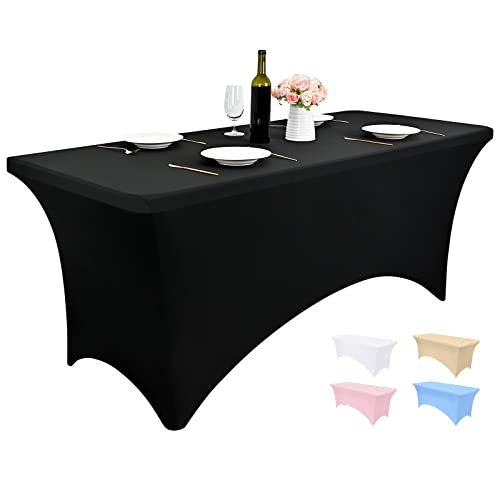 Yastouay 6ft Stretch Table Cloth Spandex Table Cover Tight Fitted for 6ft Rectangular Tables Black Washable Tablecloths for Party, Wedding, Banquet, Outdoor (Black, 6 Ft)