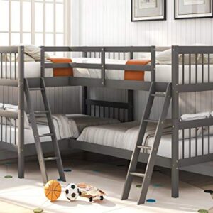 Harper & Bright Designs L Shaped Bunk Bed for 4, Quad Bunk Bed Twin Size, Wooden Bunk Bed Frame for Kids Teens Adults - Gray