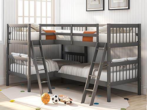 Harper & Bright Designs L Shaped Bunk Bed for 4, Quad Bunk Bed Twin Size, Wooden Bunk Bed Frame for Kids Teens Adults - Gray