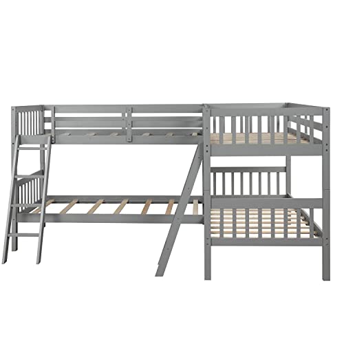 Harper & Bright Designs L Shaped Bunk Bed for 4, Quad Bunk Bed Twin Size, Wooden Bunk Bed Frame for Kids Teens Adults - Gray