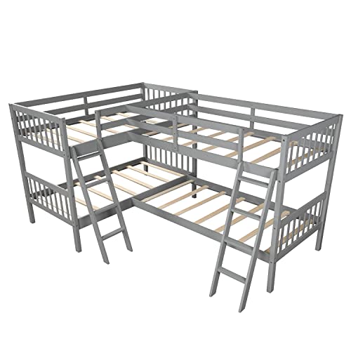 Harper & Bright Designs L Shaped Bunk Bed for 4, Quad Bunk Bed Twin Size, Wooden Bunk Bed Frame for Kids Teens Adults - Gray