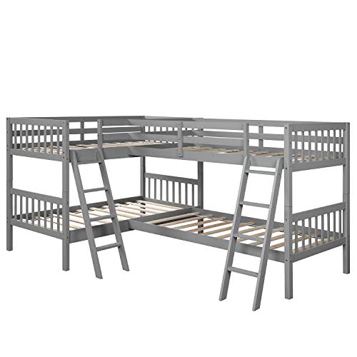 Harper & Bright Designs L Shaped Bunk Bed for 4, Quad Bunk Bed Twin Size, Wooden Bunk Bed Frame for Kids Teens Adults - Gray