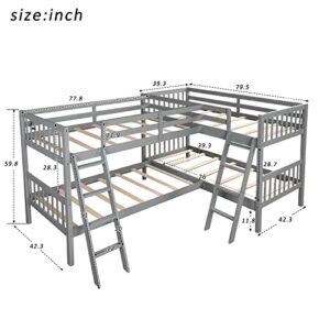 Harper & Bright Designs L Shaped Bunk Bed for 4, Quad Bunk Bed Twin Size, Wooden Bunk Bed Frame for Kids Teens Adults - Gray