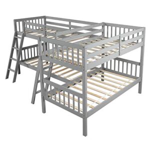 Harper & Bright Designs L Shaped Bunk Bed for 4, Quad Bunk Bed Twin Size, Wooden Bunk Bed Frame for Kids Teens Adults - Gray