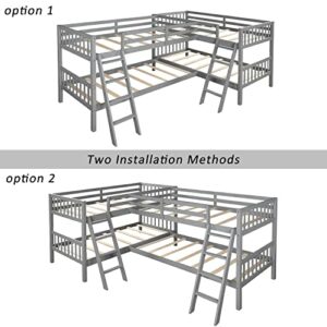 Harper & Bright Designs L Shaped Bunk Bed for 4, Quad Bunk Bed Twin Size, Wooden Bunk Bed Frame for Kids Teens Adults - Gray