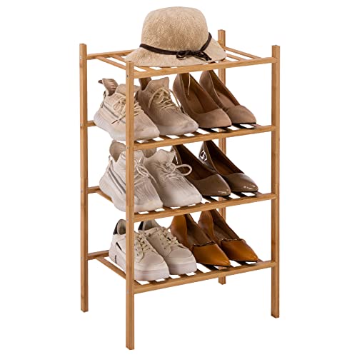 YODUENOVA Bamboo Shoe Rack, 4-Tier Free Standing Shoe organizer, Stackable Storage shoe shelf, Wooden Shoe Rack, Small Shoe Rack Wood for Closet, Enterway, Bath Room, Living Room, Hallway