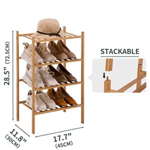 YODUENOVA Bamboo Shoe Rack, 4-Tier Free Standing Shoe organizer, Stackable Storage shoe shelf, Wooden Shoe Rack, Small Shoe Rack Wood for Closet, Enterway, Bath Room, Living Room, Hallway