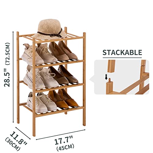 YODUENOVA Bamboo Shoe Rack, 4-Tier Free Standing Shoe organizer, Stackable Storage shoe shelf, Wooden Shoe Rack, Small Shoe Rack Wood for Closet, Enterway, Bath Room, Living Room, Hallway