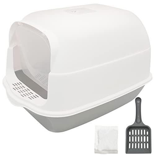 BNOSDM Cat Litter Box with Lid Plastic Cat Litter Boxes Enclosed Anti-Splshing Standard Kitten Toilet with Door and Pedal for Indoor Kitty(Grey Band Spoon)