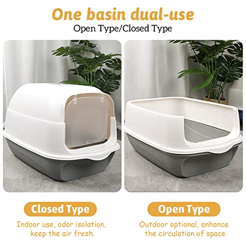 BNOSDM Cat Litter Box with Lid Plastic Cat Litter Boxes Enclosed Anti-Splshing Standard Kitten Toilet with Door and Pedal for Indoor Kitty(Grey Band Spoon)