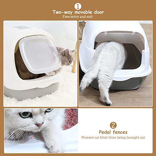 BNOSDM Cat Litter Box with Lid Plastic Cat Litter Boxes Enclosed Anti-Splshing Standard Kitten Toilet with Door and Pedal for Indoor Kitty(Grey Band Spoon)