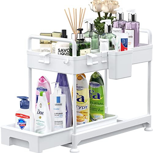 SOLEJAZZ 2-Tier Under Sink Organizer, Under Bathroom Sink Cabinet Sliding Under Sink Storage Organization, Multi-purpose Kitchen Shelf with Hooks, Hanging Cup, White