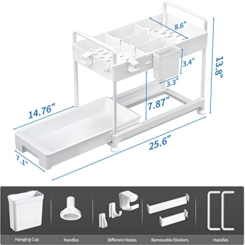 SOLEJAZZ 2-Tier Under Sink Organizer, Under Bathroom Sink Cabinet Sliding Under Sink Storage Organization, Multi-purpose Kitchen Shelf with Hooks, Hanging Cup, White