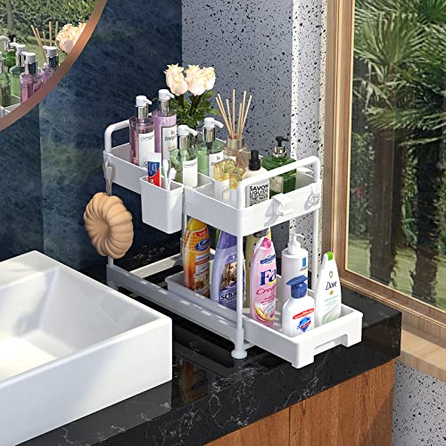 SOLEJAZZ 2-Tier Under Sink Organizer, Under Bathroom Sink Cabinet Sliding Under Sink Storage Organization, Multi-purpose Kitchen Shelf with Hooks, Hanging Cup, White