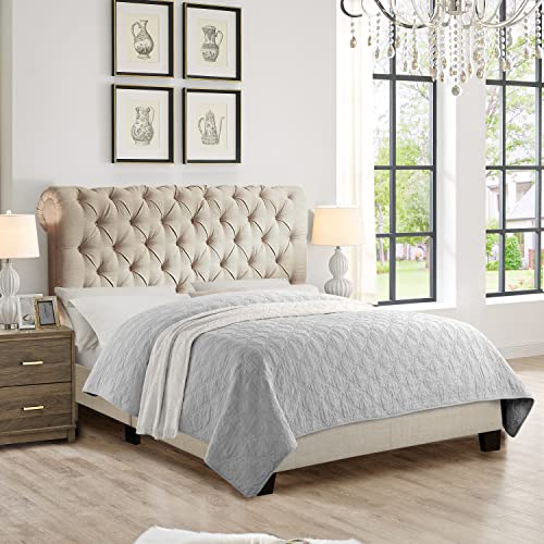 Rosevera Gideon Bed Frame/Fabric Upholstered Bed Frame with Adjustable Headboard/Chesterfield-Styled/Wood Slat Support/Easy Assembly,Twin,Beige