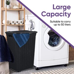 Plastic Laundry Hamper with Lid, Knit Designed Laundry Hamper Basket, 50 Liter White Smoke Cloths Hamper Organizer with Cut-out Handles. Space Saving for Laundry Room Bedroom Bathroom.