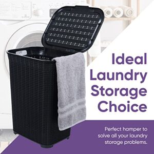 Plastic Laundry Hamper with Lid, Knit Designed Laundry Hamper Basket, 50 Liter White Smoke Cloths Hamper Organizer with Cut-out Handles. Space Saving for Laundry Room Bedroom Bathroom.