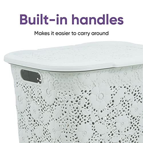 Laundry Hampers with Lid Lace Design 50 Liter (2 Pack) Soft Grey Laundry Hamper Basket with Cutout Handles, Rectangular Shape Modern Style Bin -Dirty Cloths Storage (White Smoke)