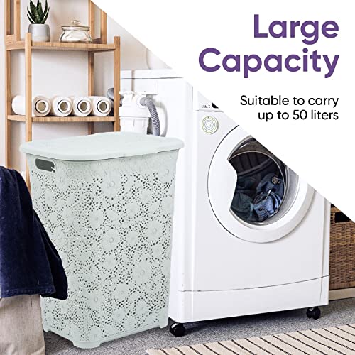 Laundry Hampers with Lid Lace Design 50 Liter (2 Pack) Soft Grey Laundry Hamper Basket with Cutout Handles, Rectangular Shape Modern Style Bin -Dirty Cloths Storage (White Smoke)